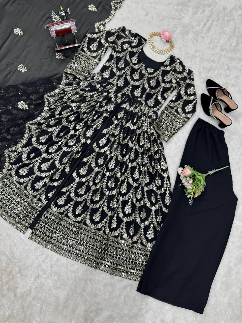 faux georgette long top pent with dupatta