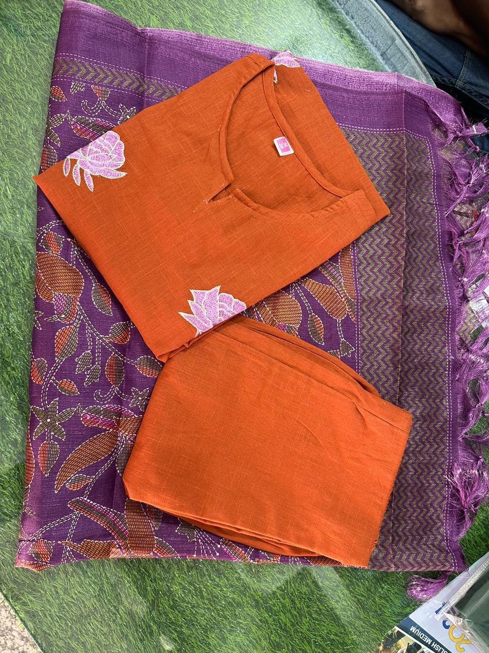 Elegant Rust Kurta Set with Printed Purple Dupatta