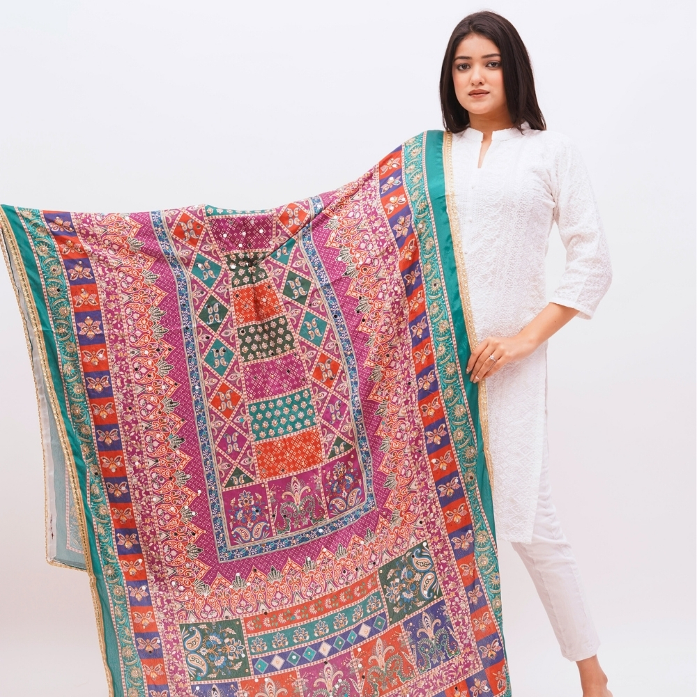 Multicolored digital print dupatta with work